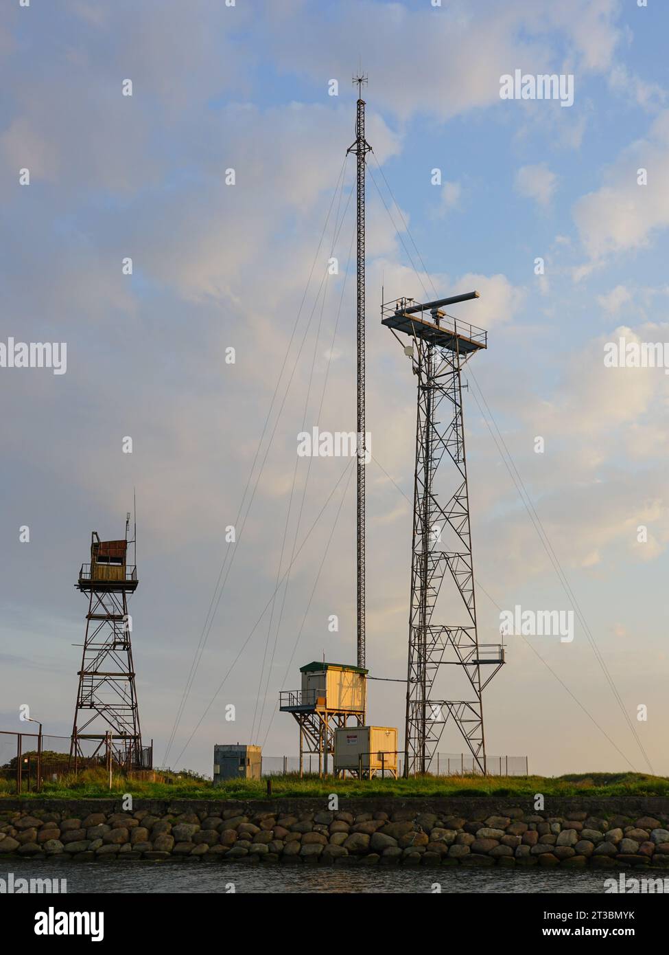 Various harbour communication towers with radar, communication ...