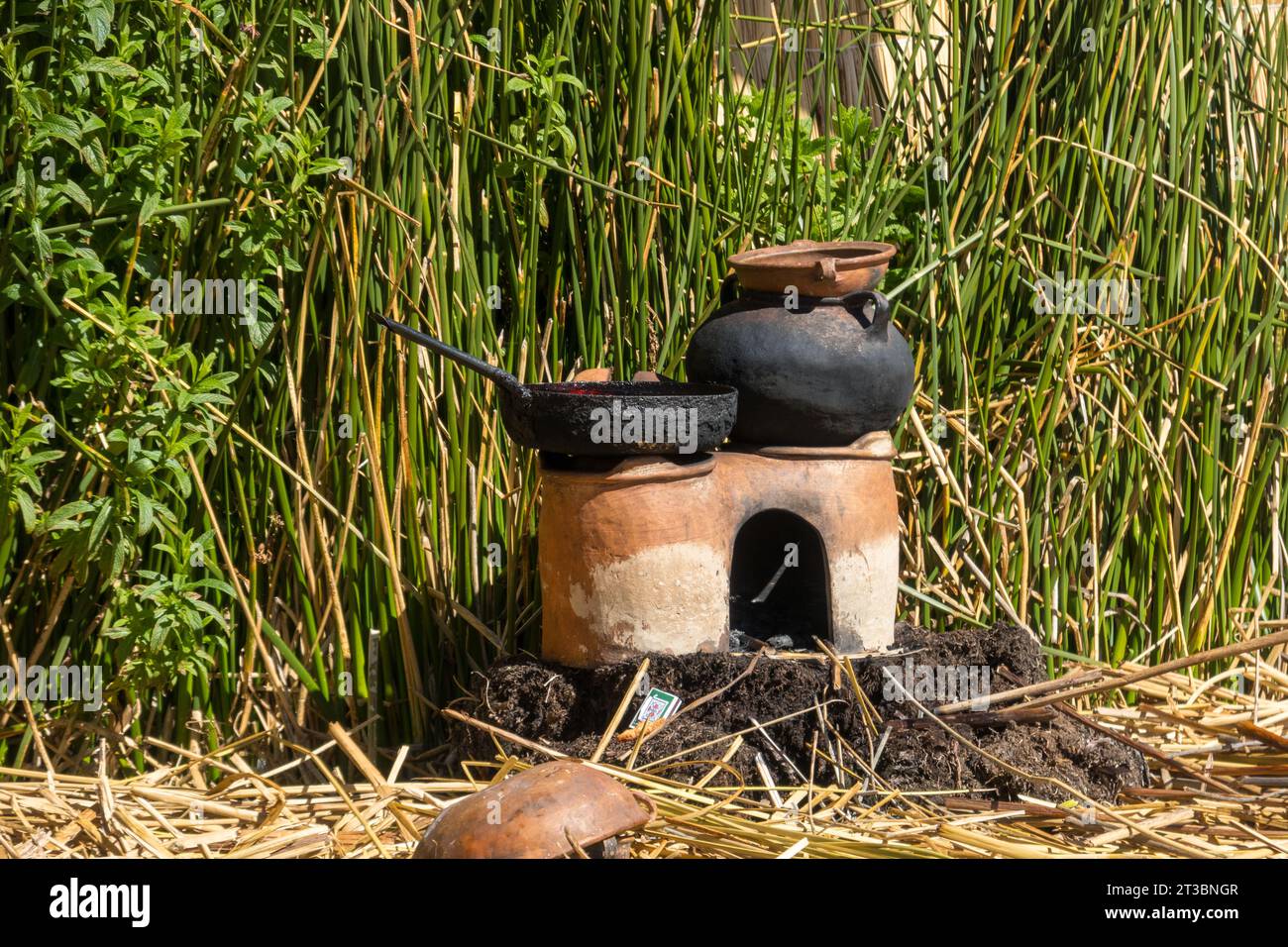 Traditional outdoor kitchen on floating islands of the Uros community ...