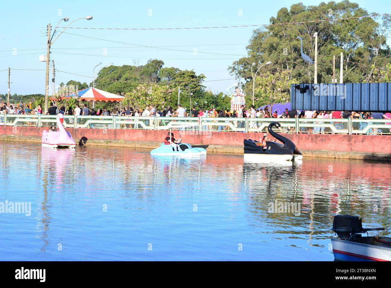 Paddle boating on the lake in the lake with tourists in the background ...