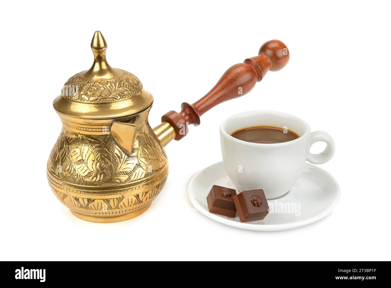 Coffee pot, cup with a drink and chocolate isolated on white background ...