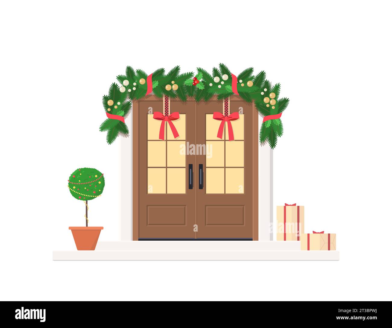Cute double front door with Christmas garland isolated on white ...