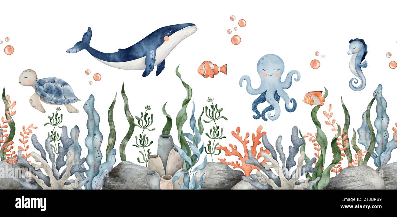 Seamless border of Sea Pebbles, octopus, whale, seahorse, turtle and ...