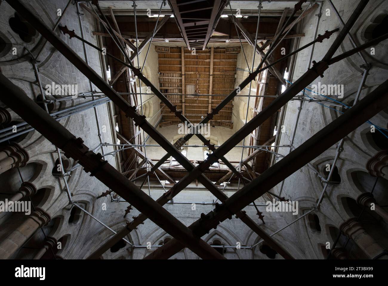 Looking up inside Salisbury Cathedral spire at the wooden scaffolding ...