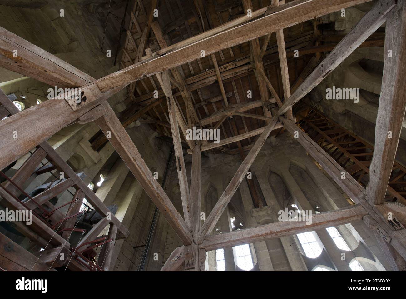 Looking up inside Salisbury Cathedral spire at the wooden scaffolding ...