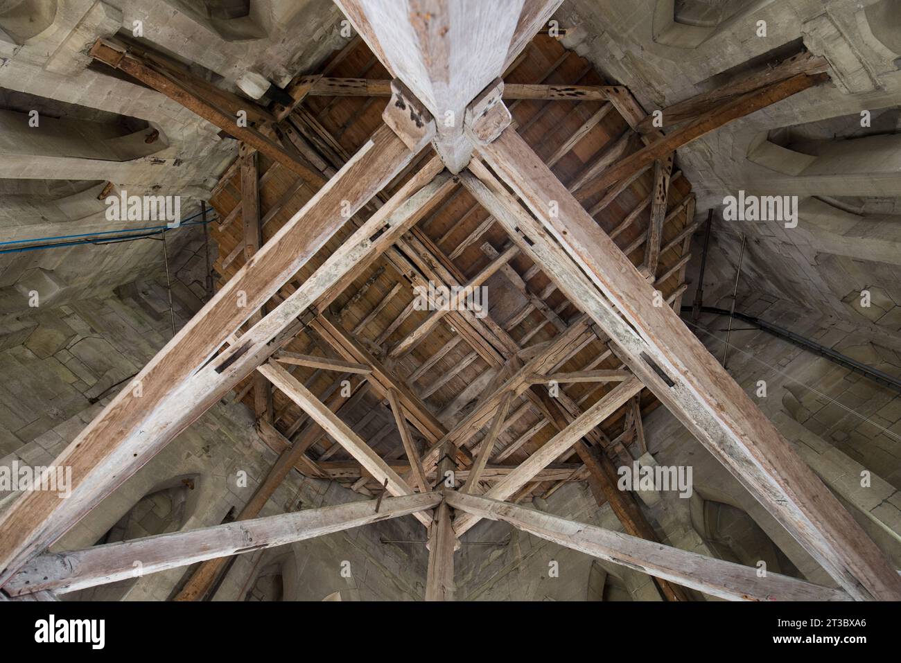 Looking up inside Salisbury Cathedral spire at the wooden scaffolding ...