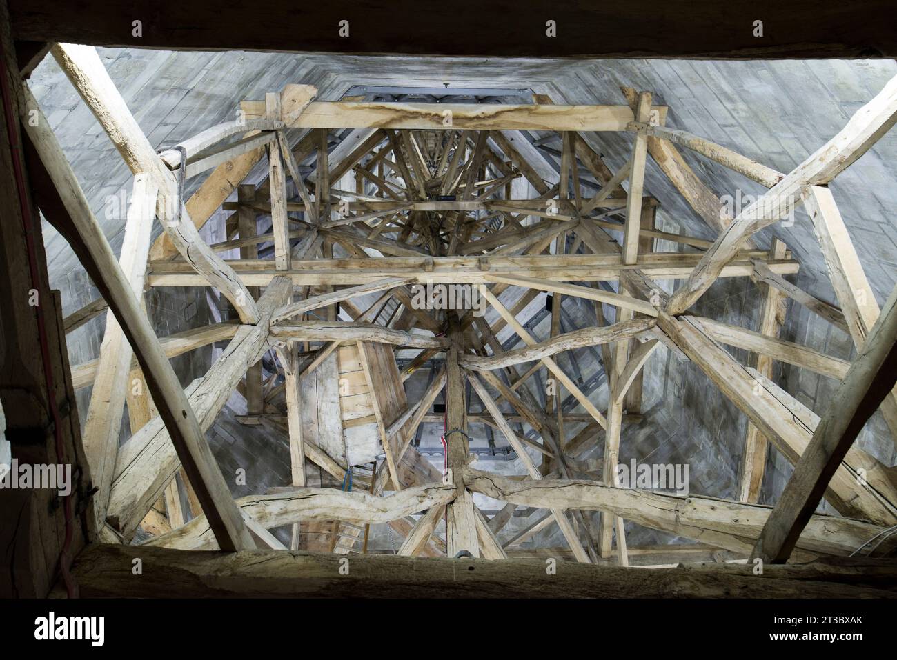 Looking up inside Salisbury Cathedral spire at the wooden scaffolding ...
