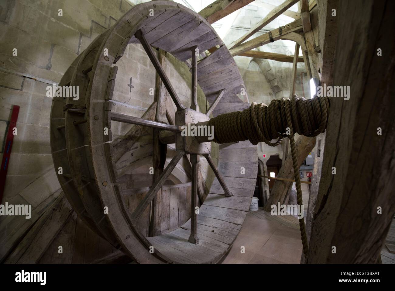 inside Salisbury Cathedral spire - wooden scaffolding and wheel Stock ...