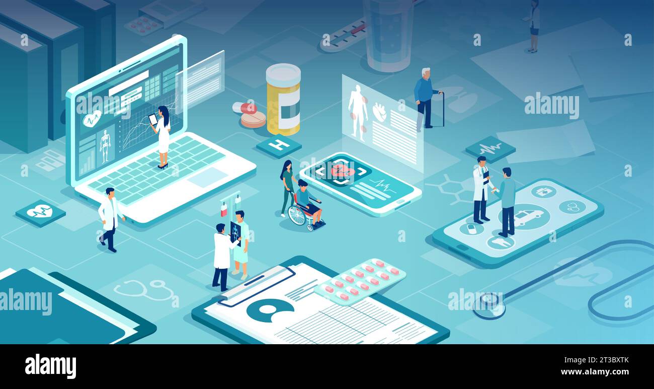 Health care and innovative technology in modern hospital, isometric ...