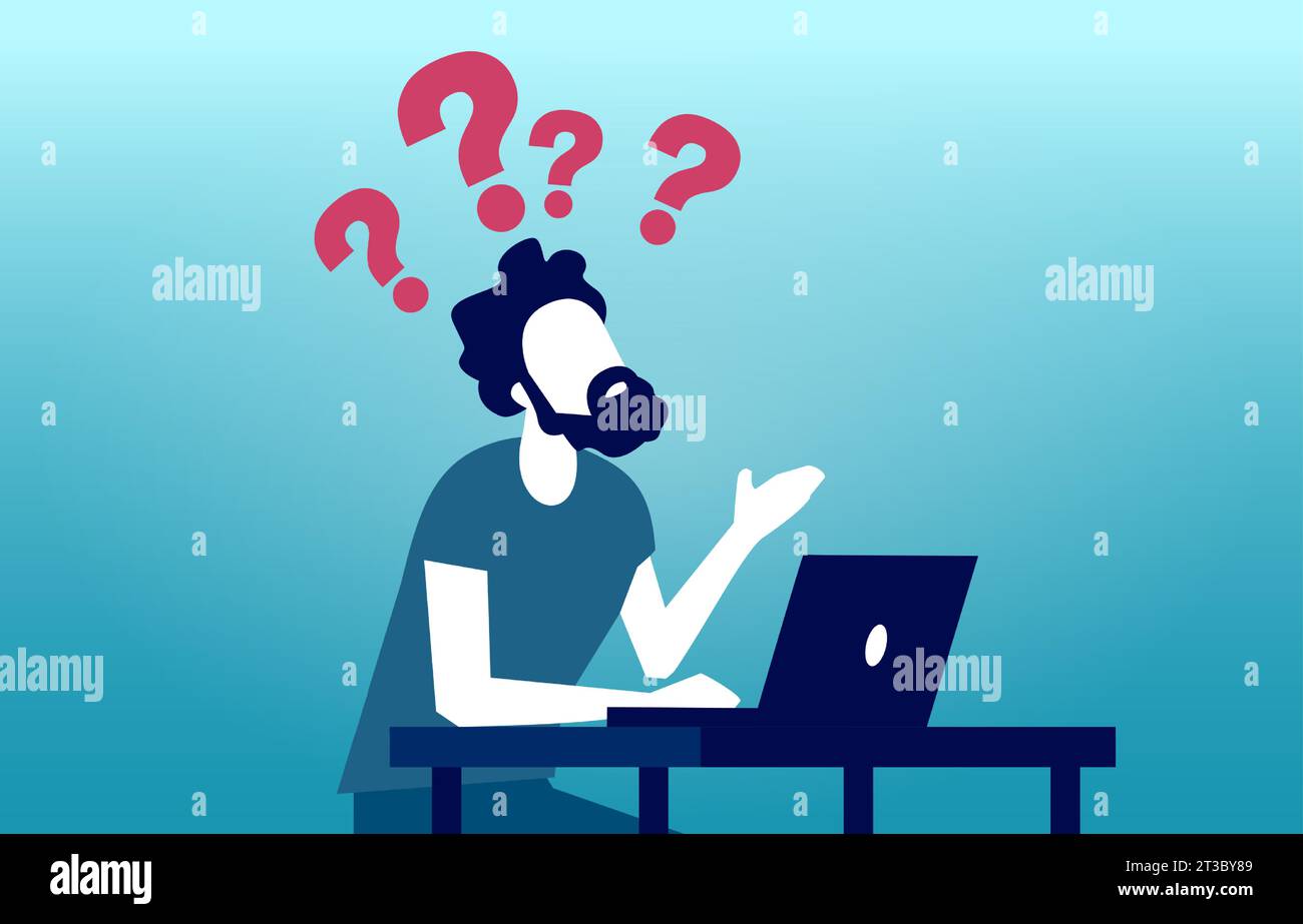 Vector of a young confused man sitting at desk with laptop computer Stock Vector Image & Art - Alamy