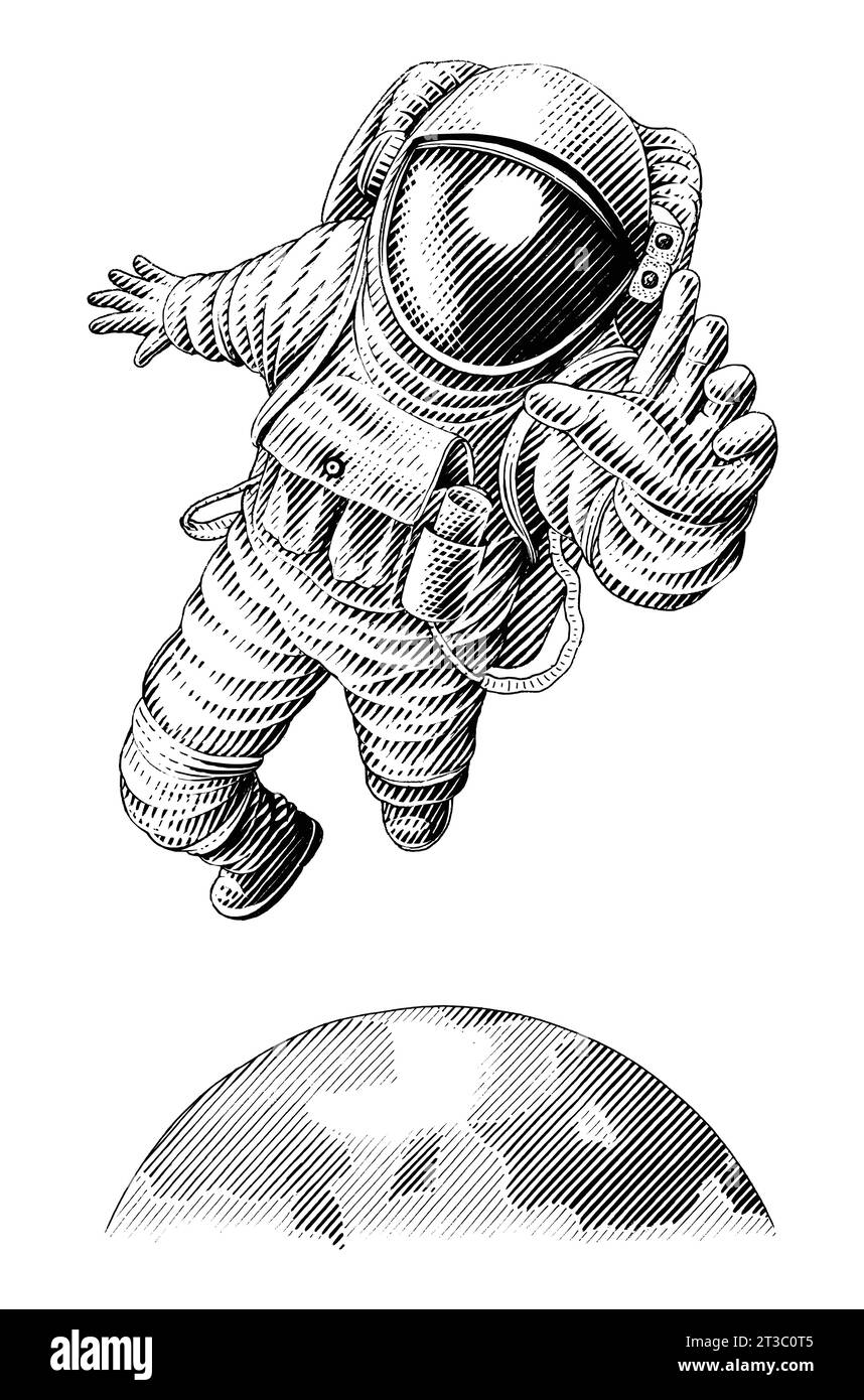 Astronaut hand drawing engraving style black and white clip art Stock ...