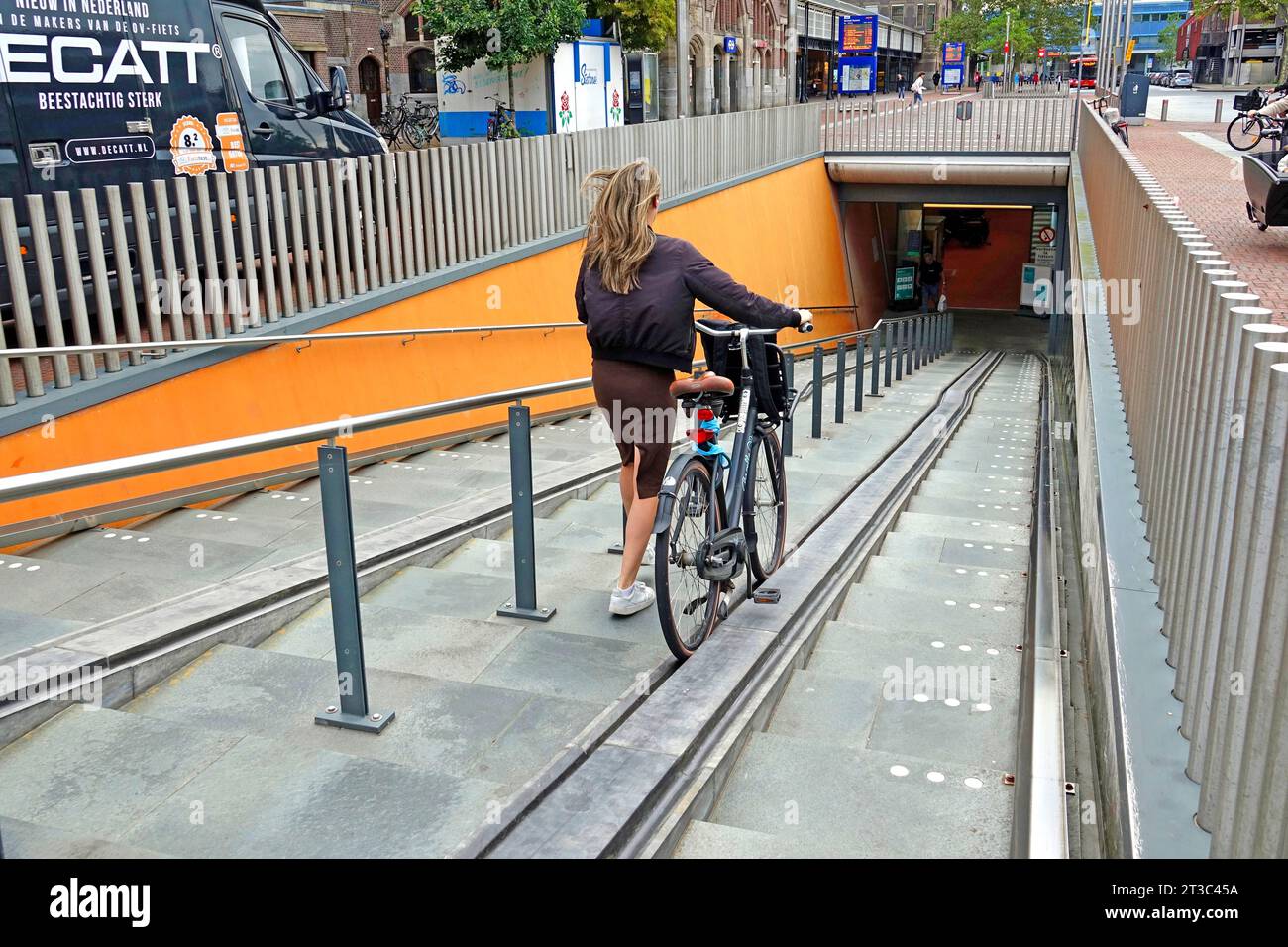 Bicycle Bike ramp entrance to train station Haarlem Amsterdam ...
