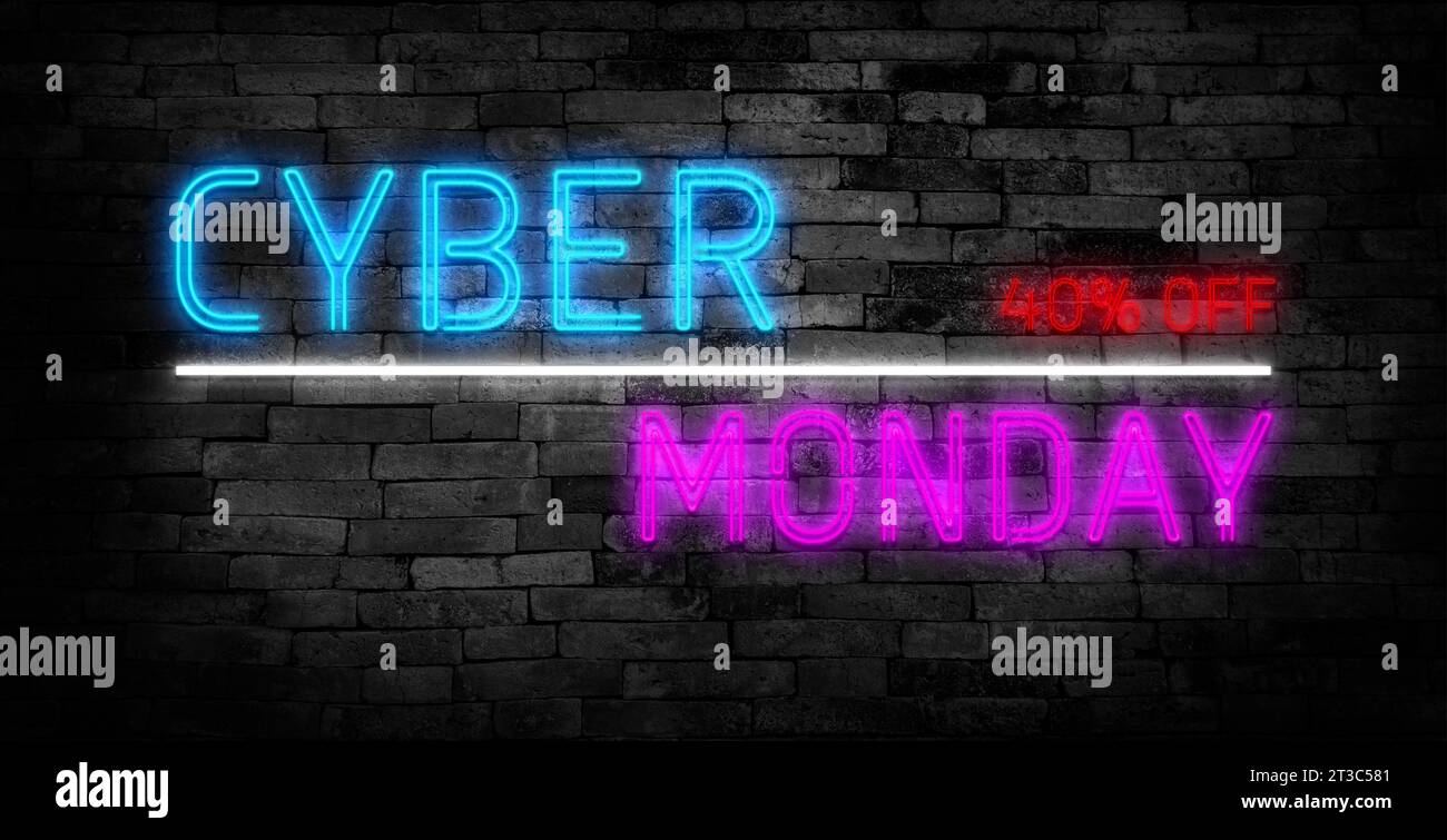 Neon glowing sign Cyber Monday on black brick wall. Computer graphics ...