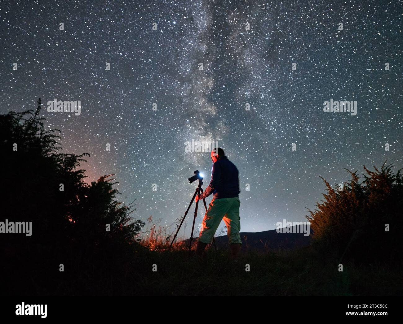 Professional photo shoot of Milky Way in mountains. Male photographer ...