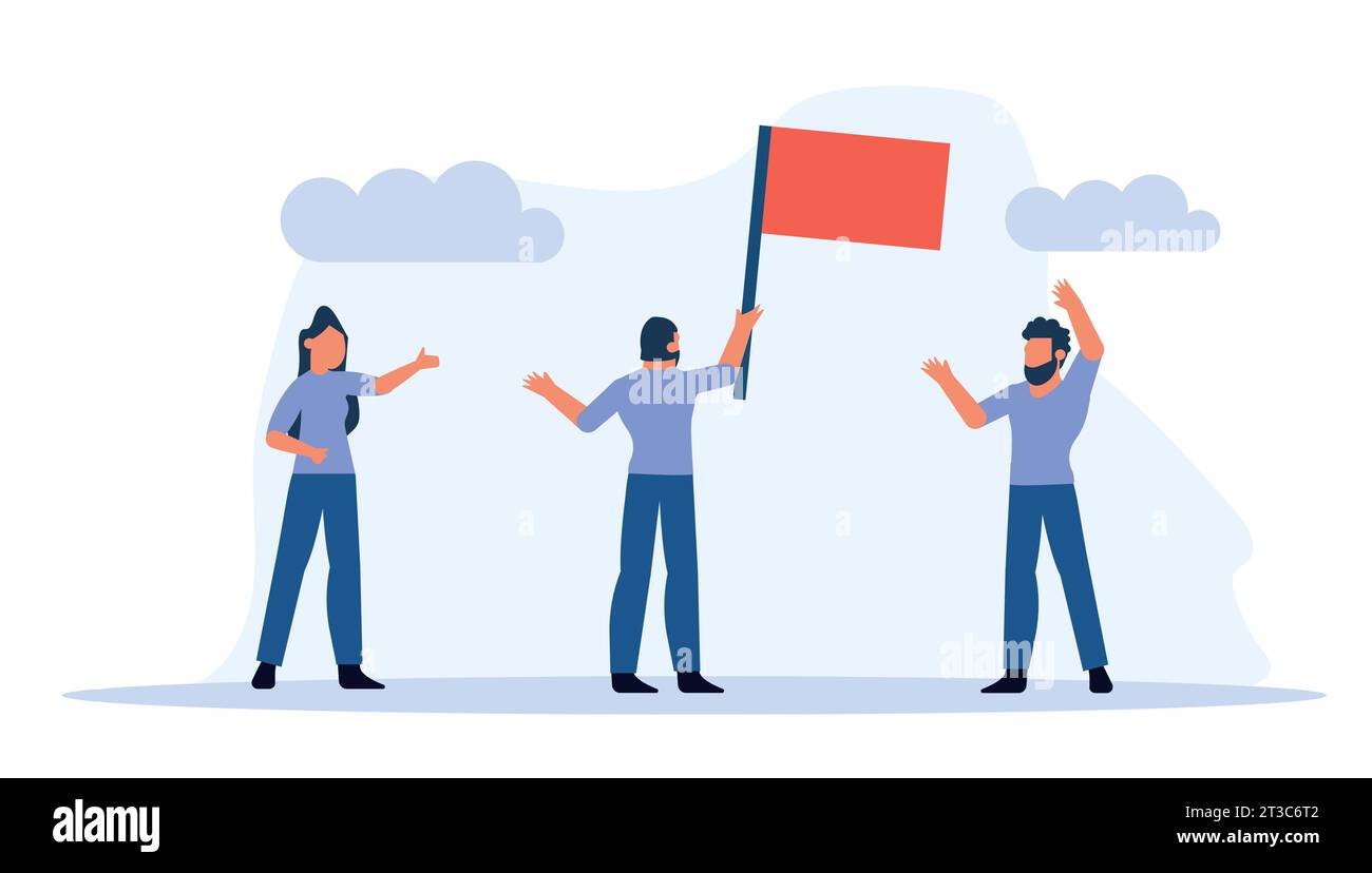 Group people standing together, waving red flag and giving thumbs up ...