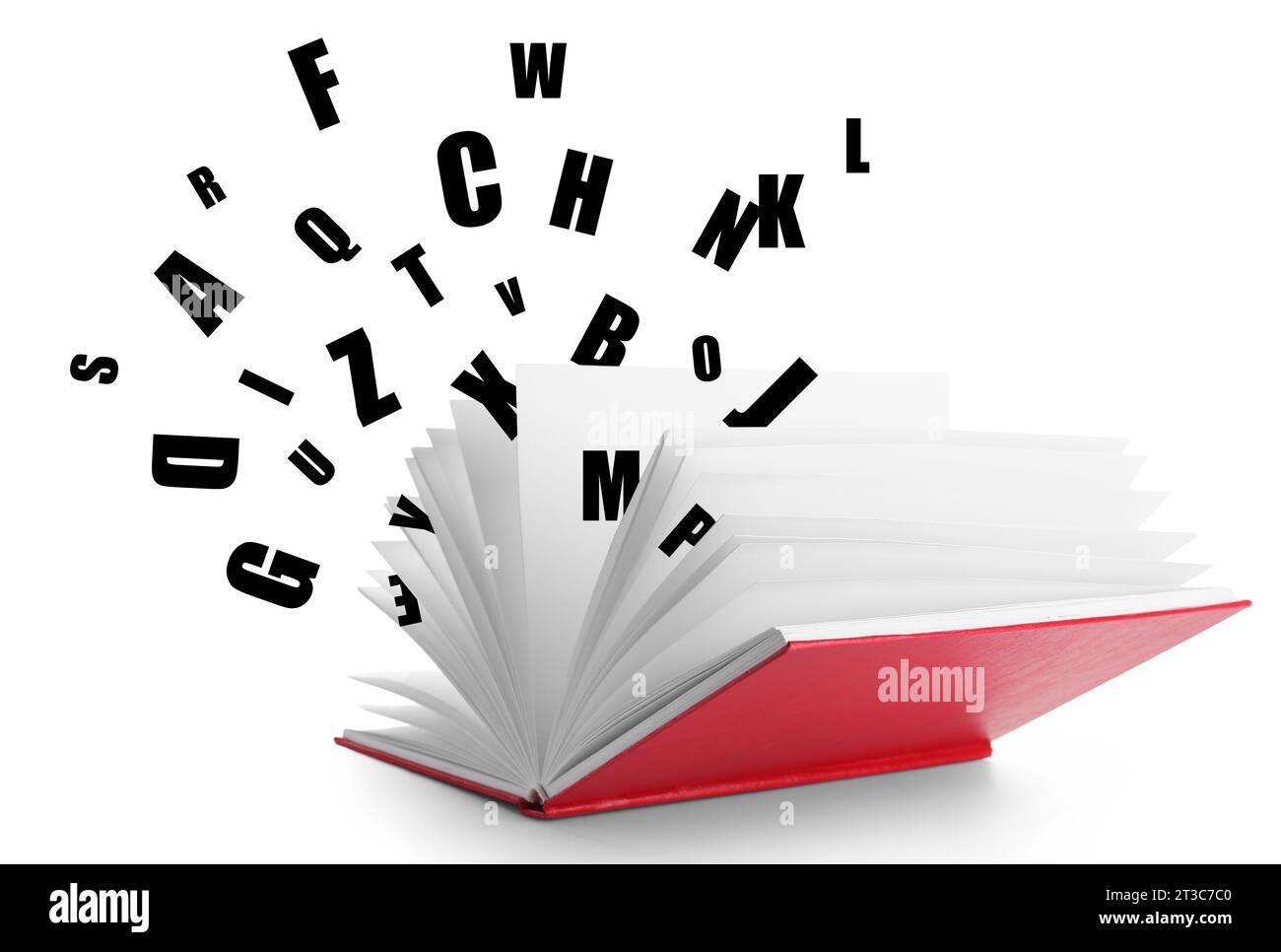 Open book and many English letters on white background Stock Photo - Alamy