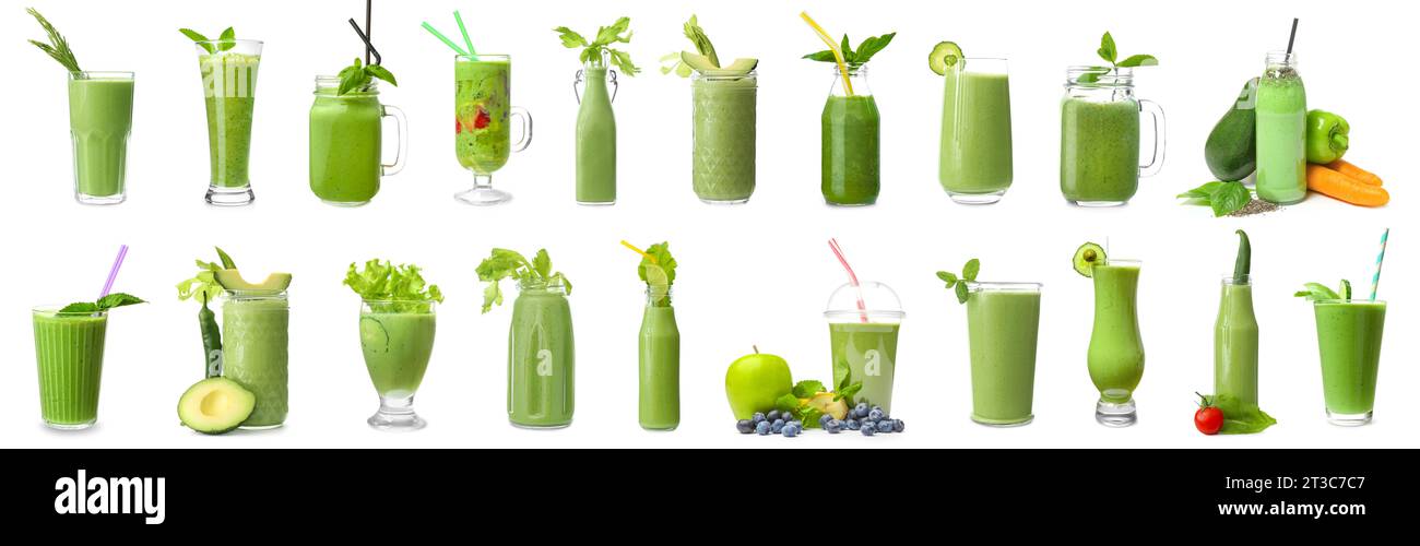 Set of many healthy green smoothies on white background Stock Photo - Alamy
