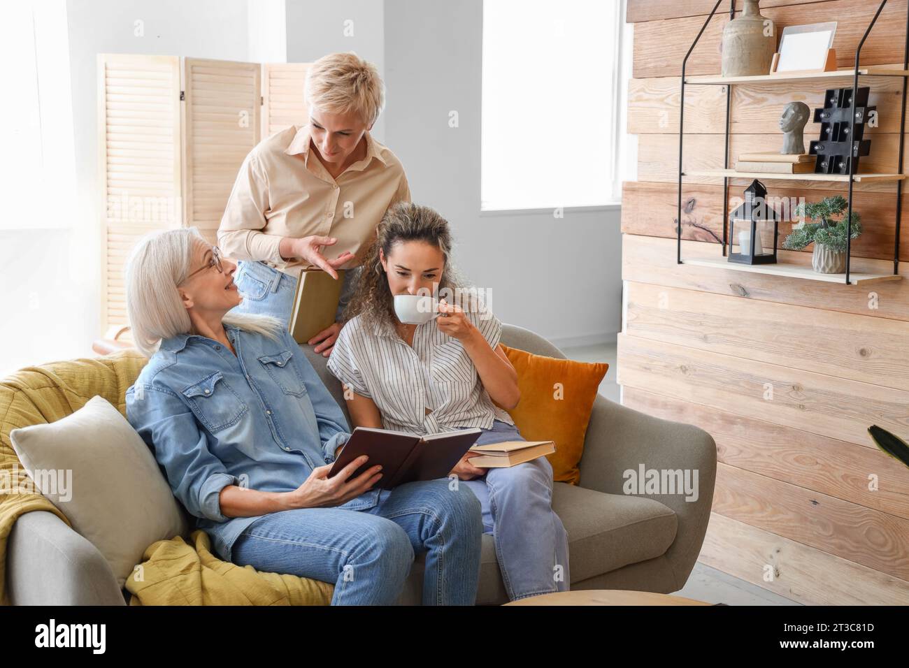 Mature women taking part in book club at home Stock Photo - Alamy