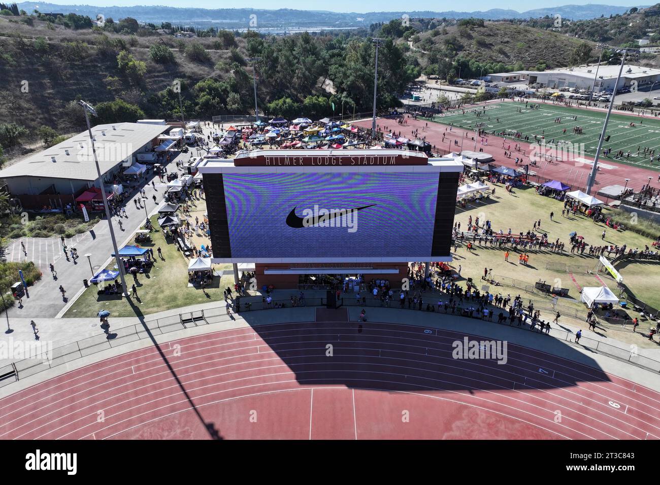 A general overall aerial view of Nike swoosh logo on the Hilmer Lodge ...