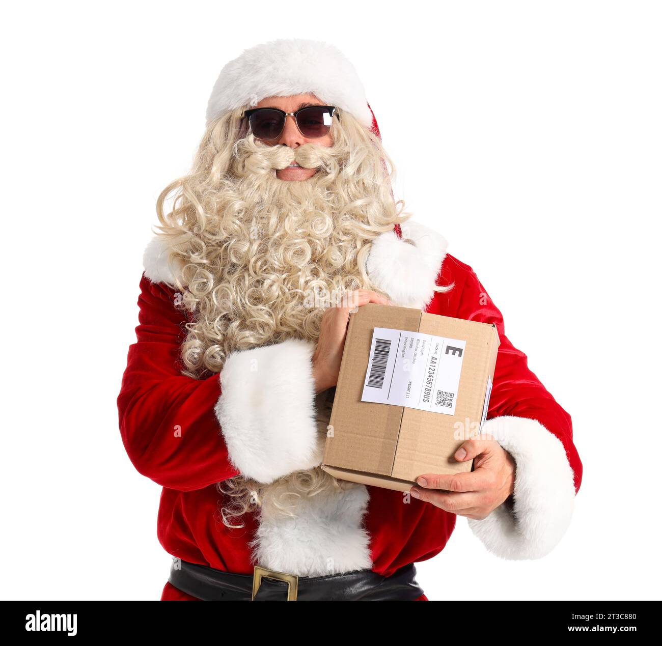 Cool Santa Claus with parcel isolated on white background Stock Photo ...