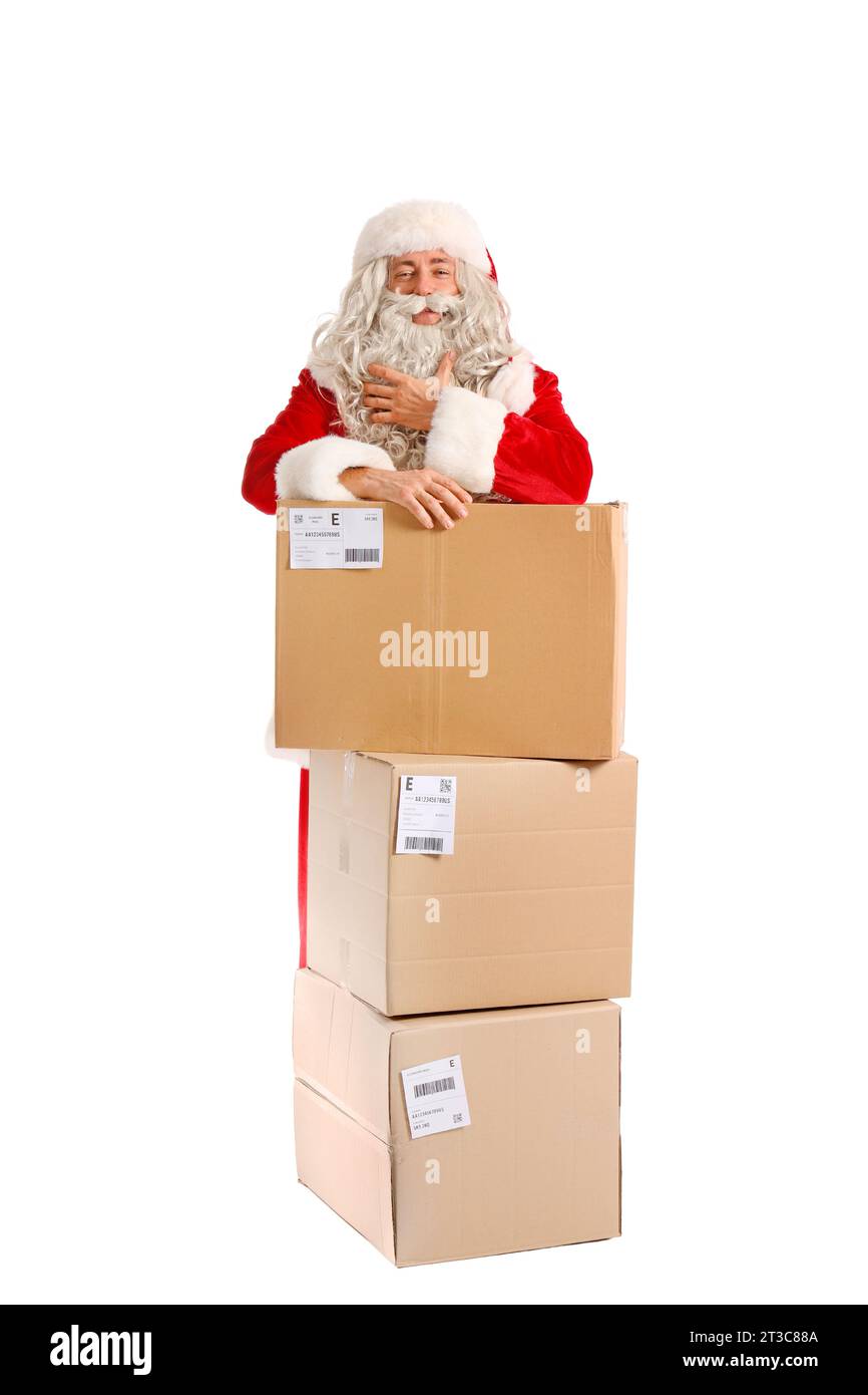Santa Claus with stack of parcels isolated on white background Stock ...