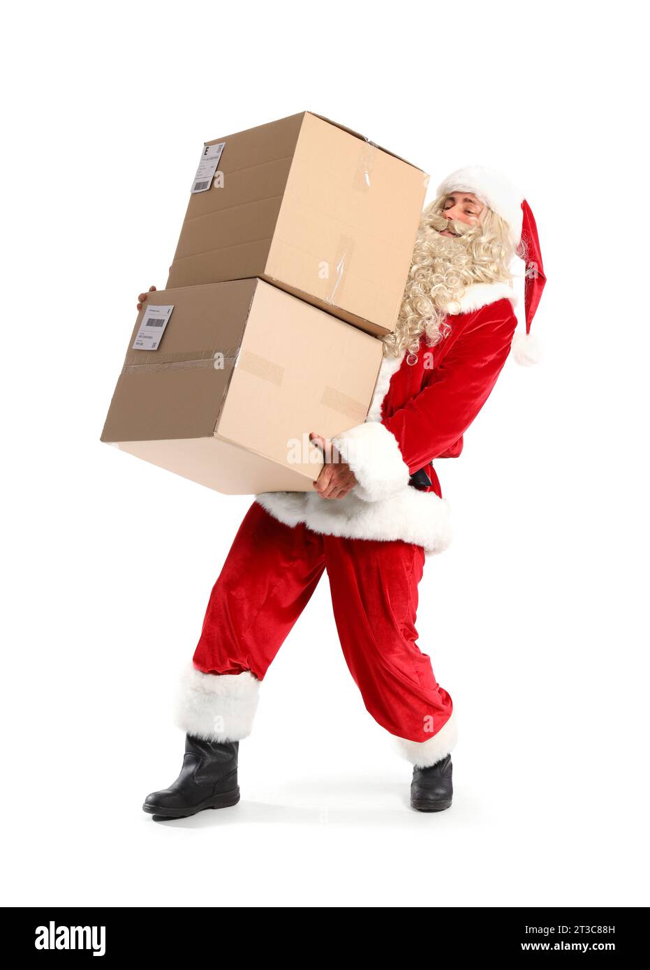 Santa Claus carrying parcels on white background Stock Photo - Alamy