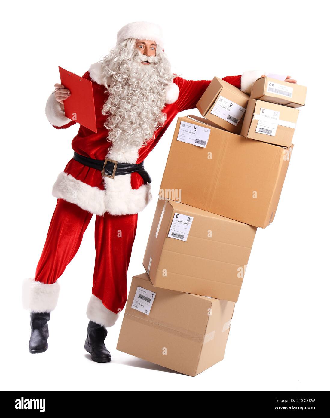 Santa Claus with clipboard catching falling stack of parcels isolated ...
