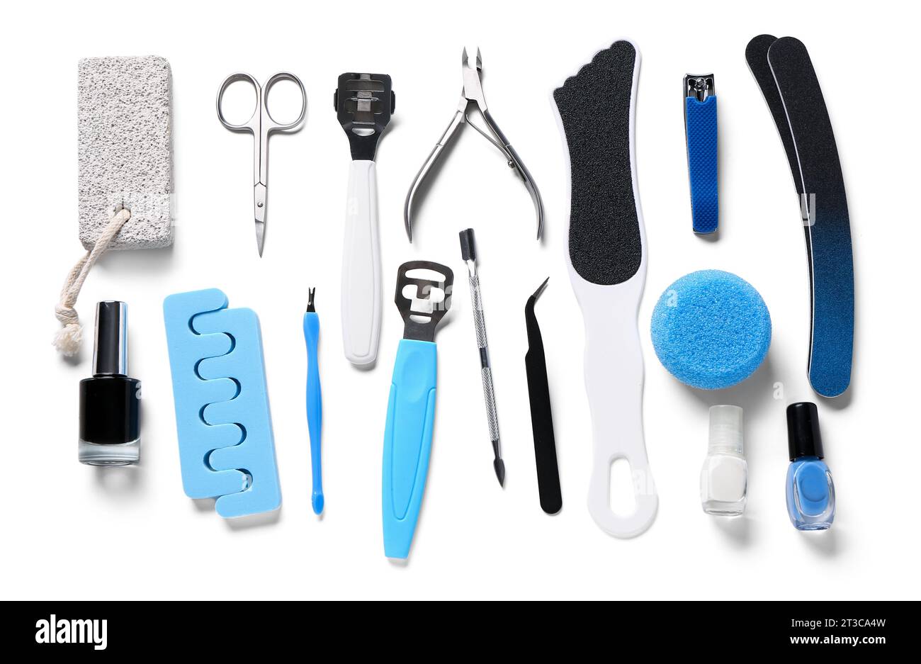 Set of professional tools for pedicure with nail polishes isolated on ...