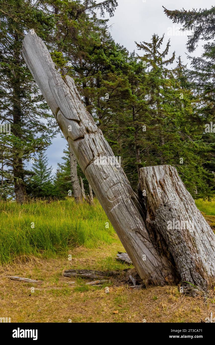 Totem pole in the ancient village site of K'uuna Linagaay, aka Skedans ...