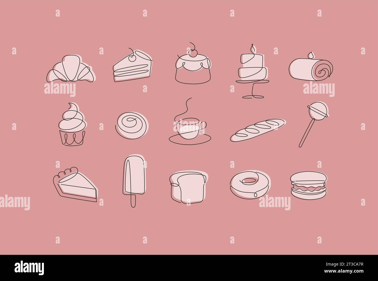 Linear bakery and dessert icons cupcake, lollipop, coffee, baguette ...