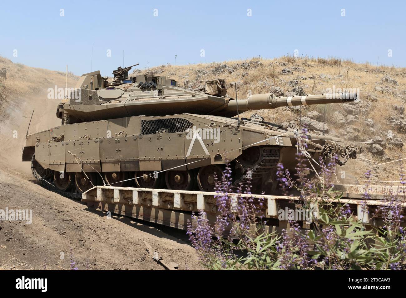 Merkava Mark 4 main battle tank crosses over a temporary bridge Stock ...
