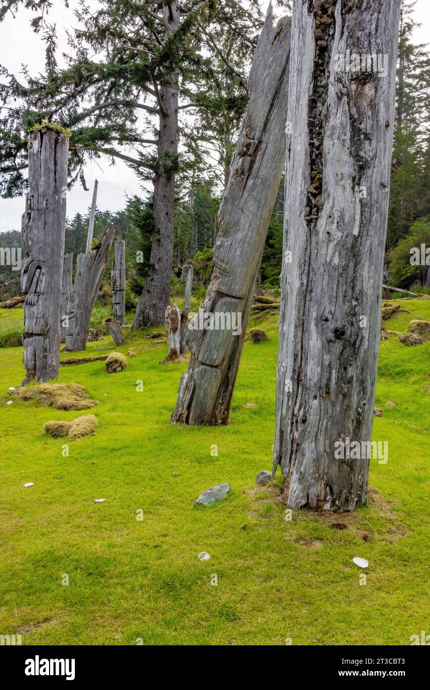 Totem poles at UNESCO World Heritage Site Sgang Gwaay Llnagaay, an ...