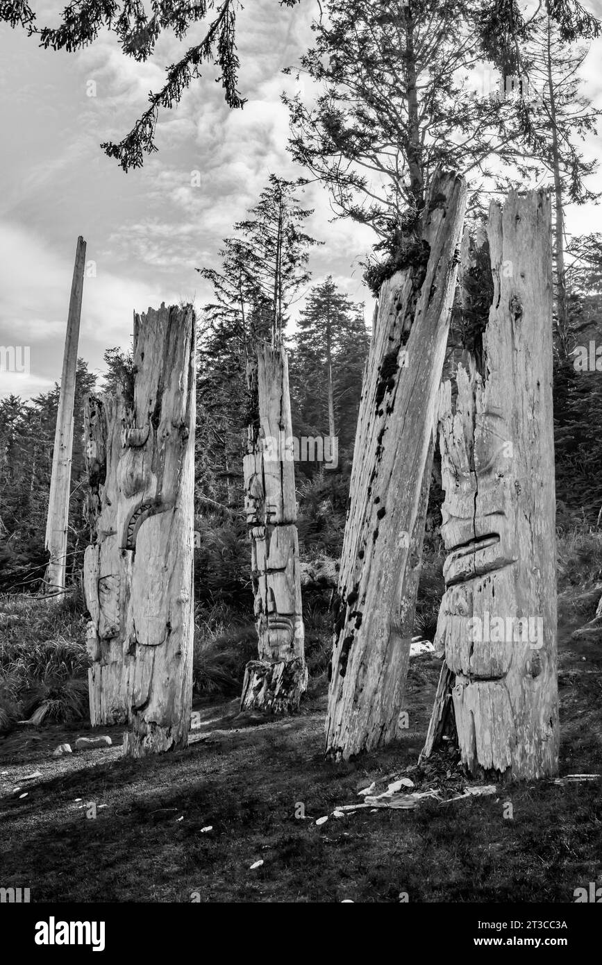 Totem poles at UNESCO World Heritage Site Sgang Gwaay Llnagaay, an ...