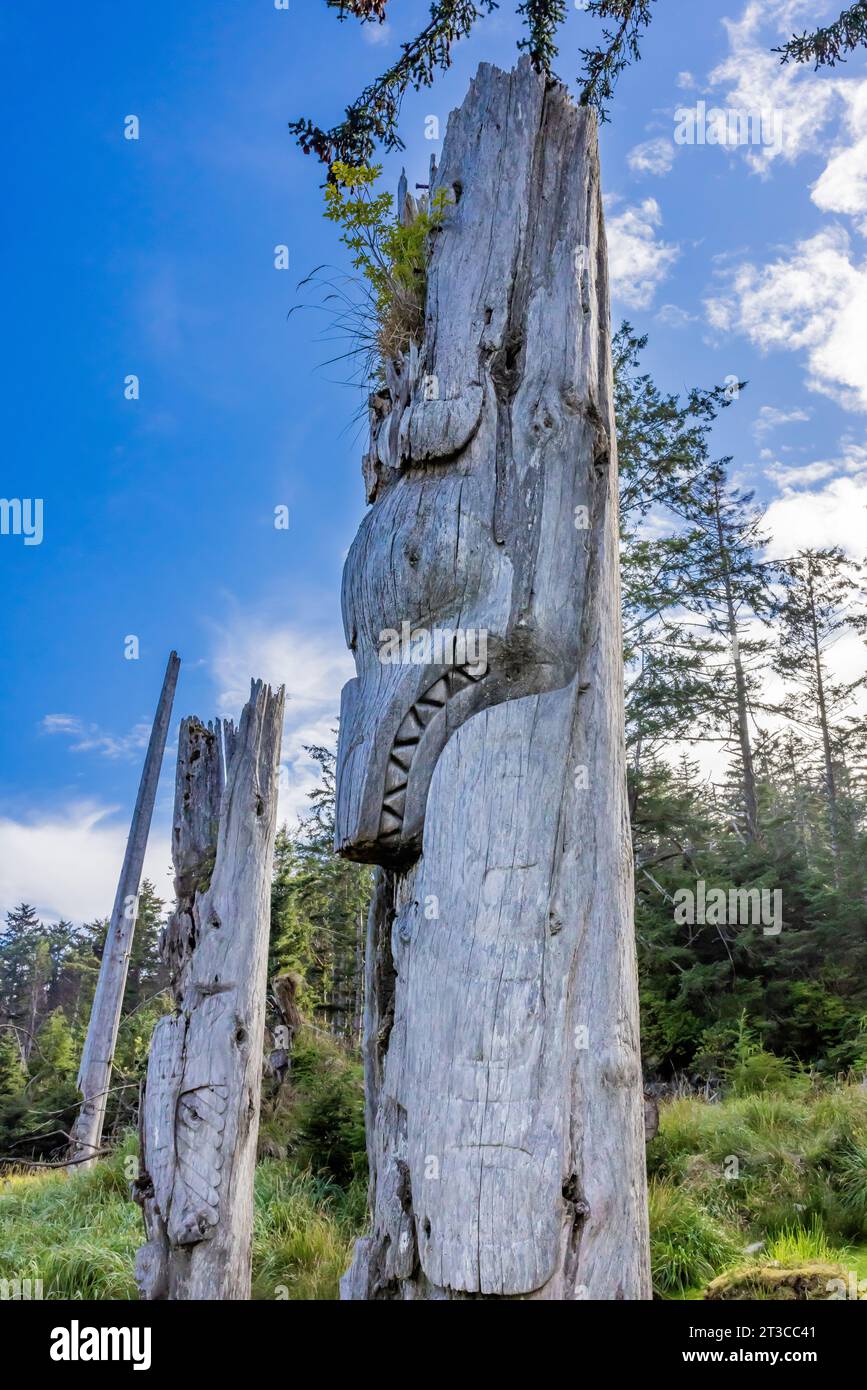 Totem poles at UNESCO World Heritage Site Sgang Gwaay Llnagaay, an ...