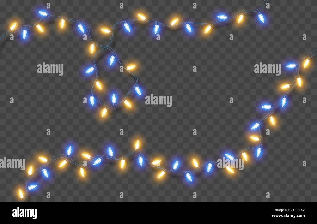 Electric garlands with yellow and blue light bulbs. Christmas lights ...