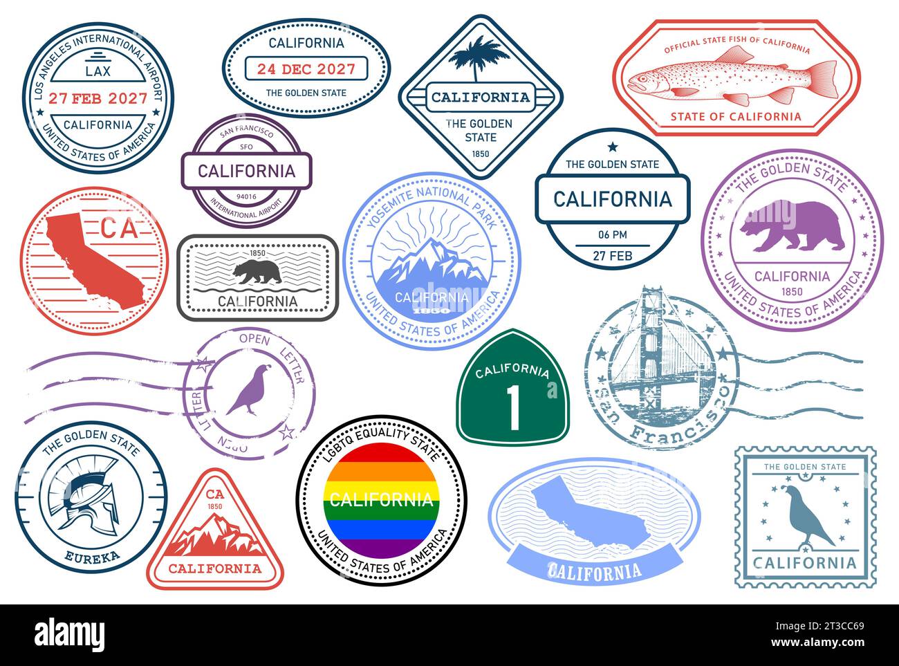 California stamps set, postage stamp with symbols of state and map ...