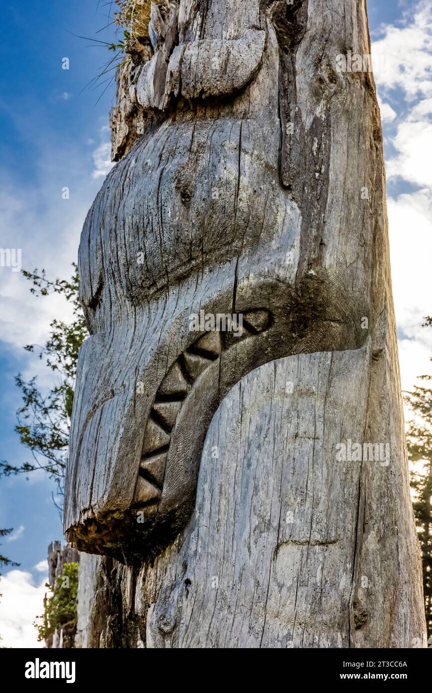 Totem pole at UNESCO World Heritage Site Sgang Gwaay Llnagaay, an ...