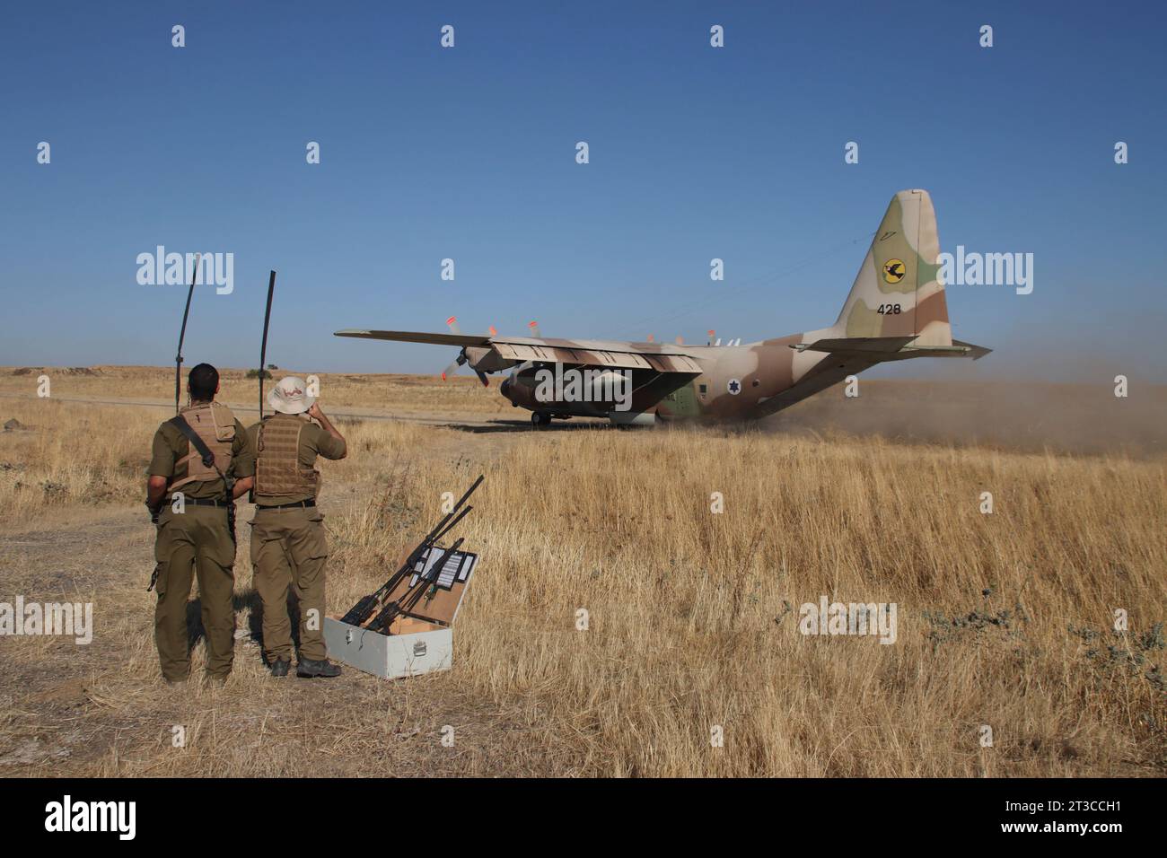 An Israeli Air Force C-130 Karnaf landing on a temporary dirt runway ...