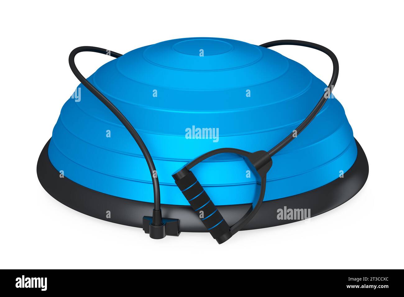 Blue fitness ball with hand expander isolated white background. 3d ...