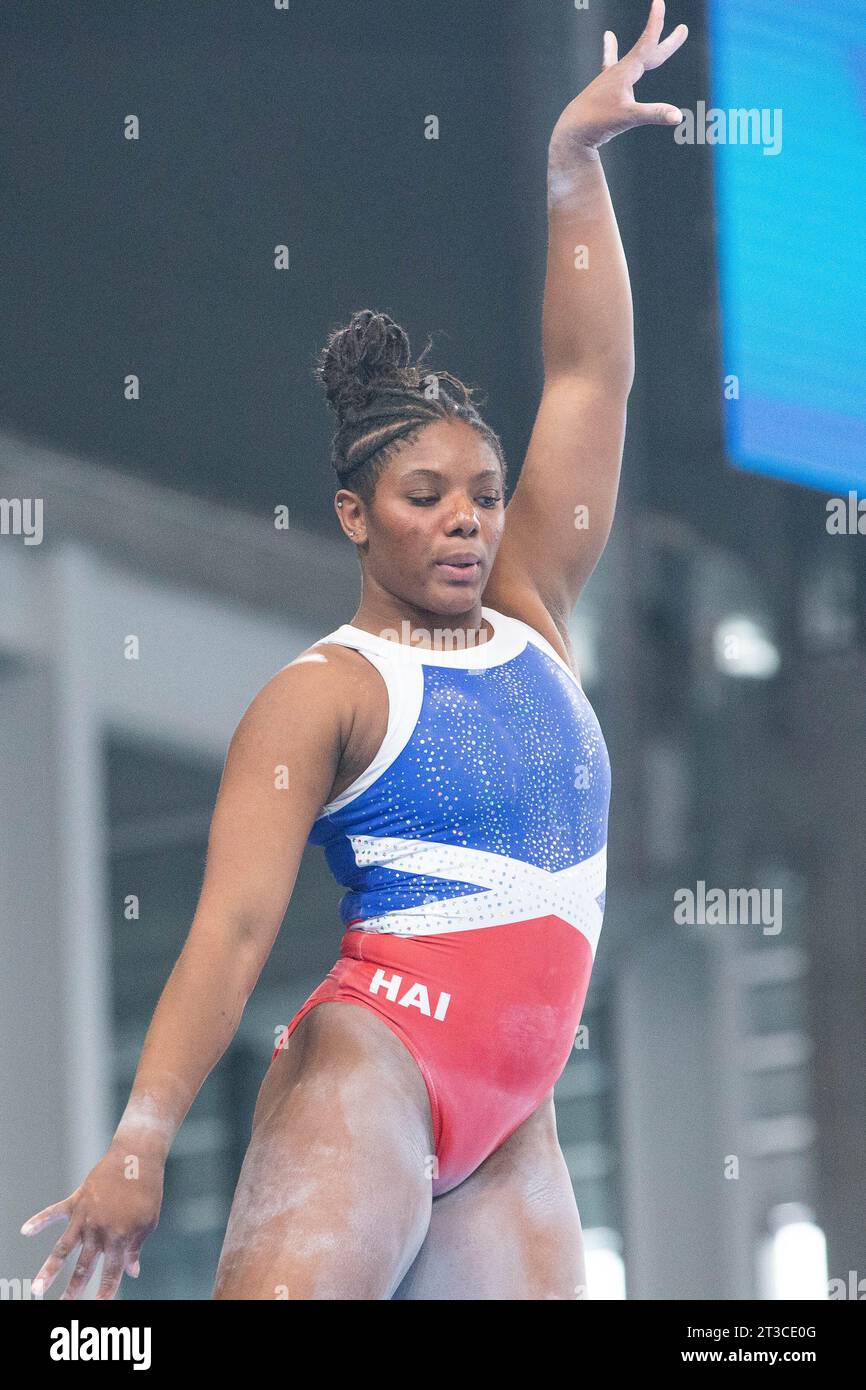 October 19, 2023: Lynne Brown of Haiti performs on beam during the ...