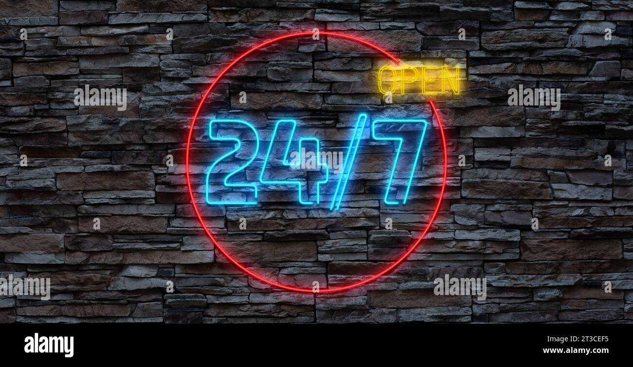 24 hours Neon signboards set Vector. Open all day neon signs, design ...
