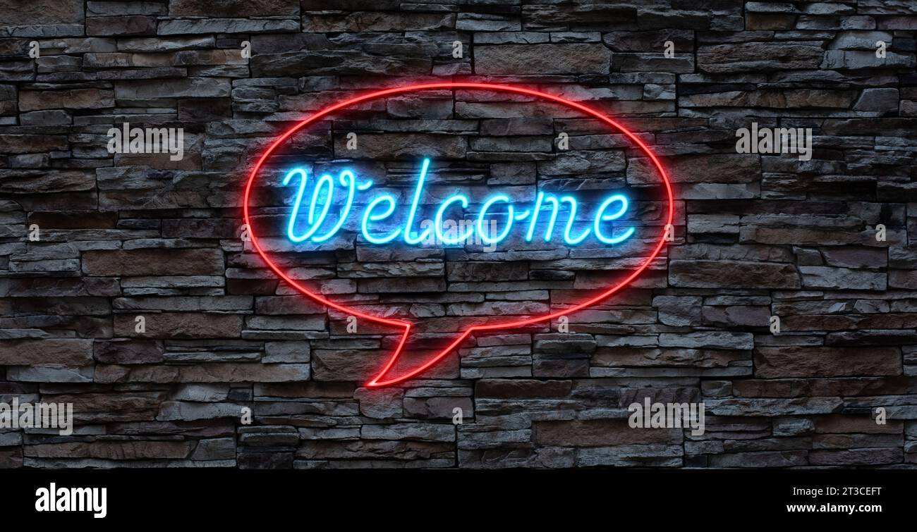 Welcome neon lettering. Shiny invitation calligraphy. Light quote ...