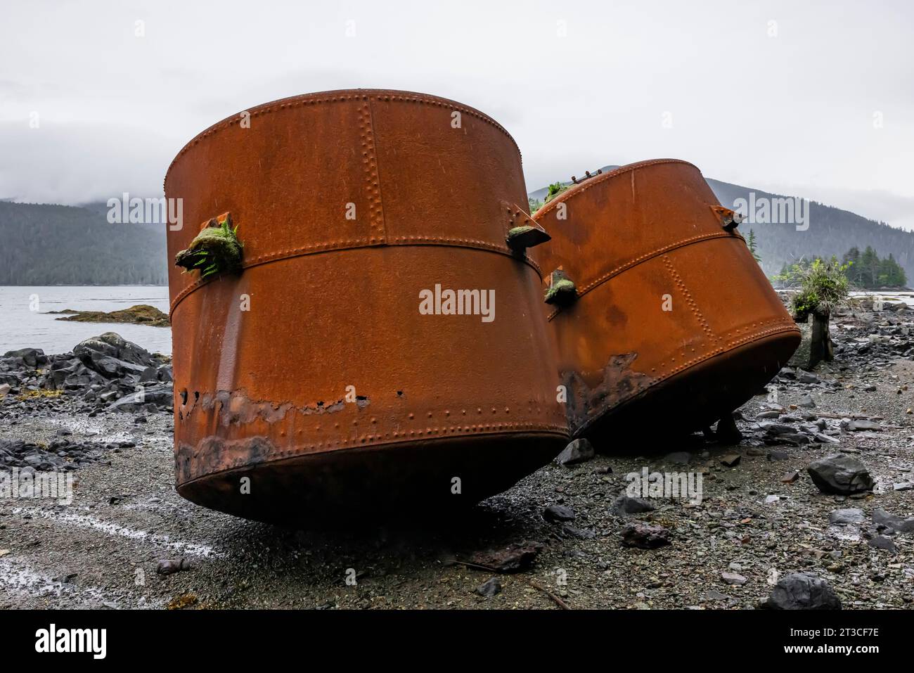 Old and rusting whale bone and blubber digesters left behind at the old ...