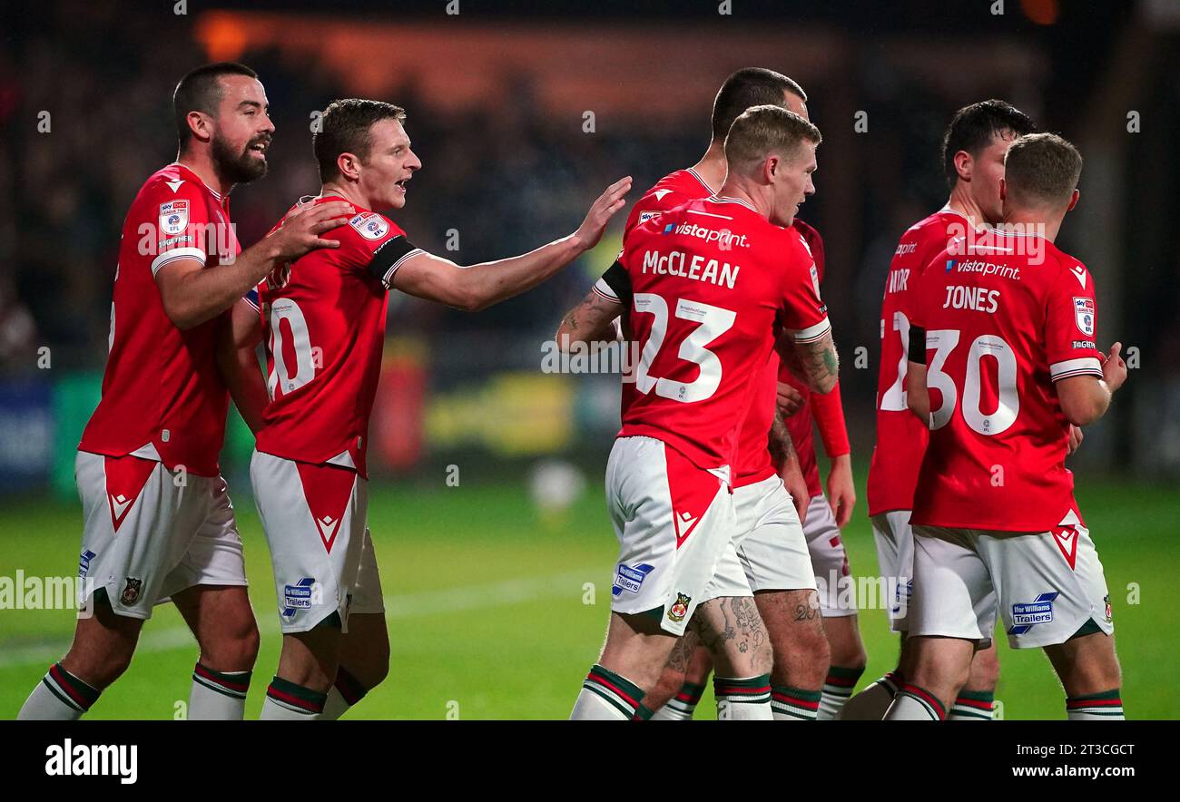 Wrexham's Paul Mullin (second left) celebrates scoring their side's ...