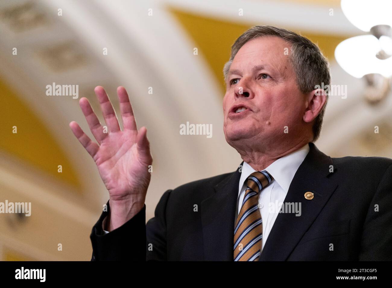 Sen. Steve Daines, R-Mont., speaks to media after a Senate Republican ...