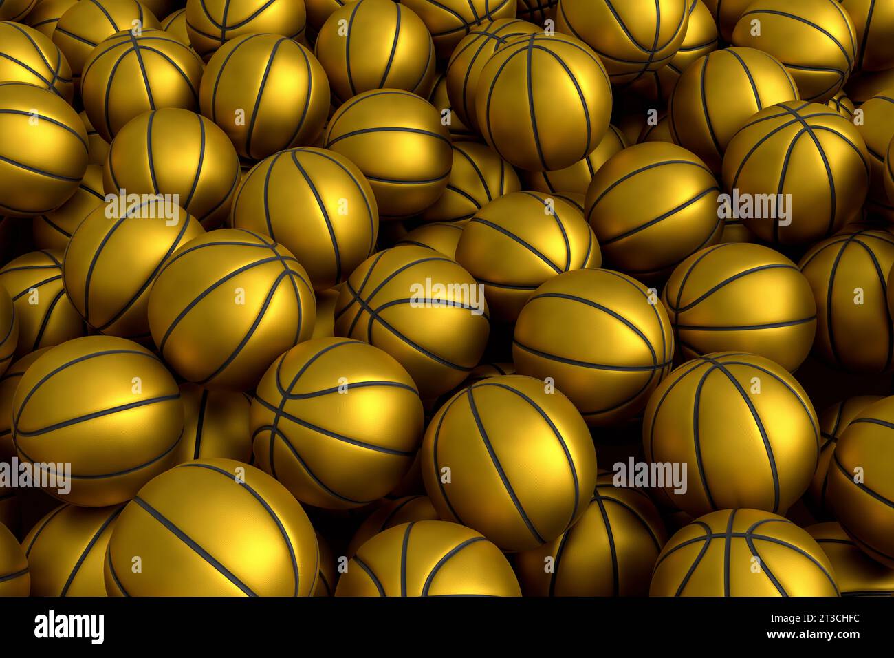 Many of flying gold basketball ball falling on black background. 3d ...