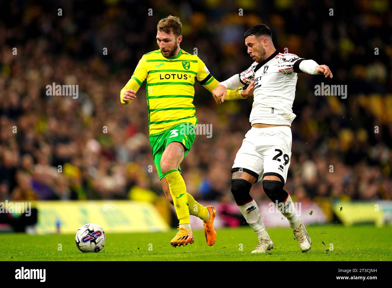 Norwich City's Jack Stacey (left) and Middlesbrough's Sam Greenwood ...