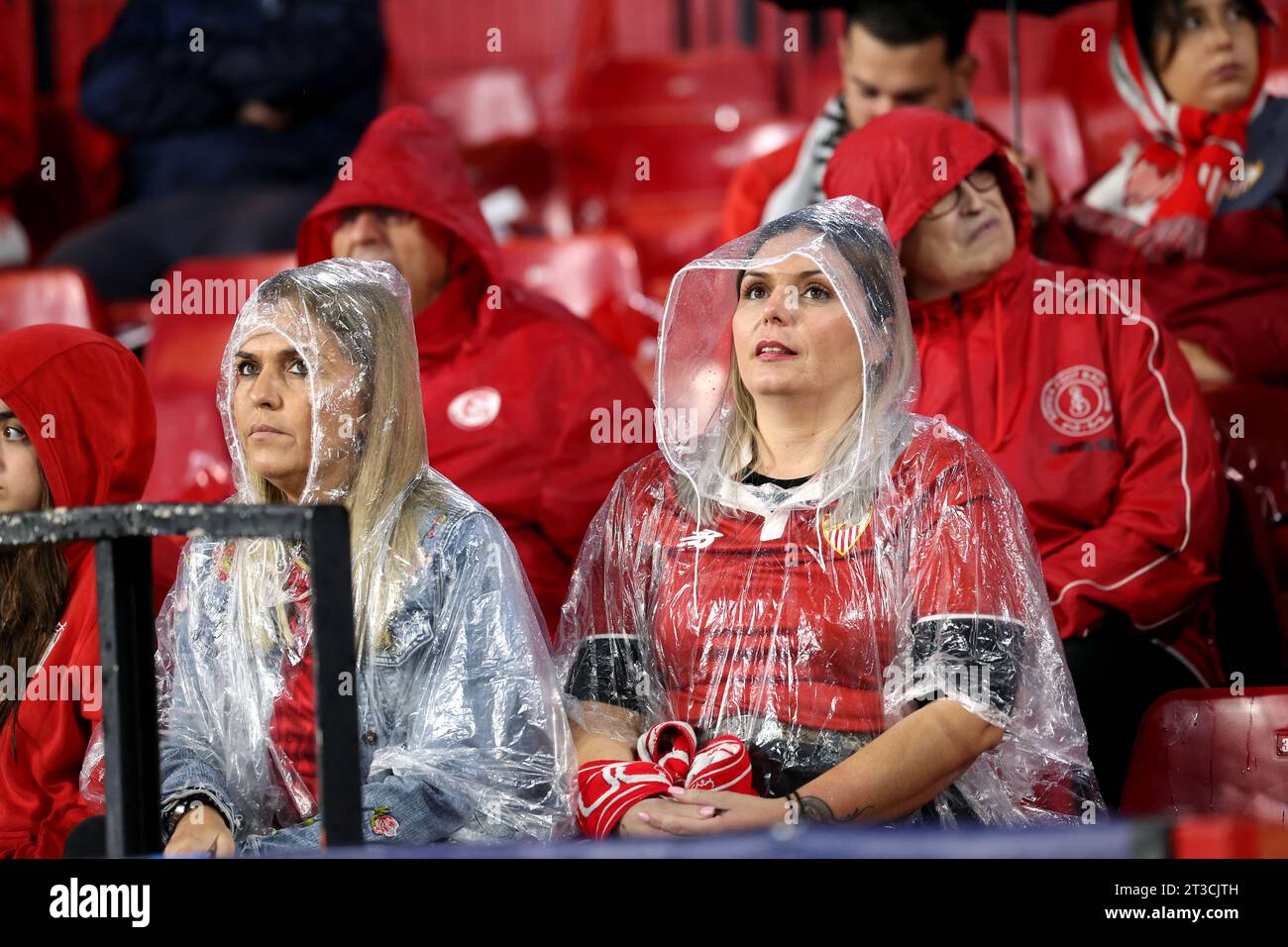 Sevilla fans wearing rain ponchos in the stands during the UEFA ...
