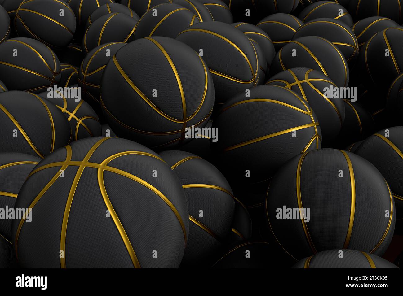 Many of flying black basketball ball falling on red background. 3d ...