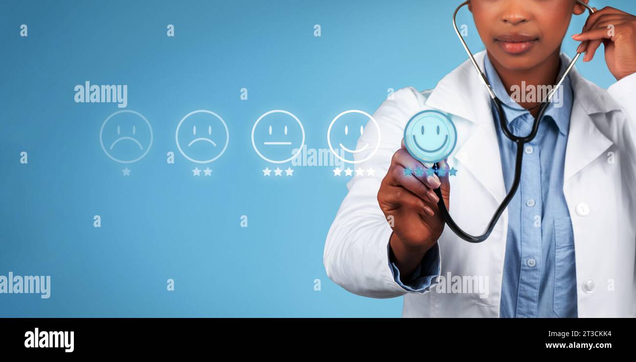 Focused black woman doctor listening breath with stethoscope and smile ...