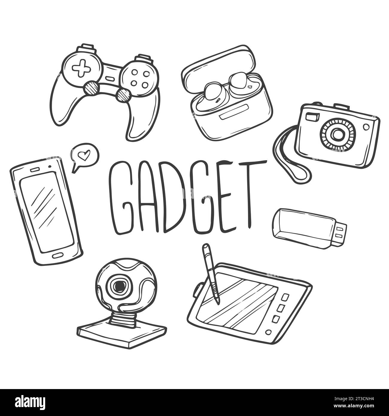 Hand drawn set of gadgets doodles with blue lettering Stock Vector ...
